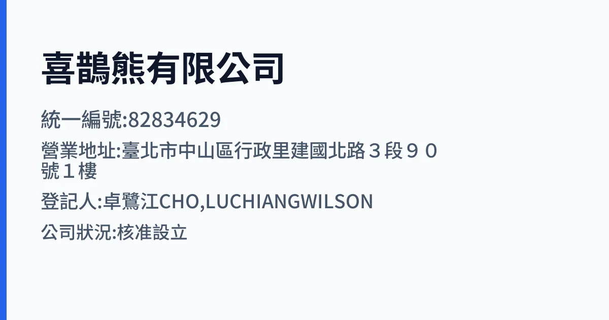 喜鵲熊有限公司 - 統編 82834629(臺北市) 公司登記資料與營業項目詳細圖表