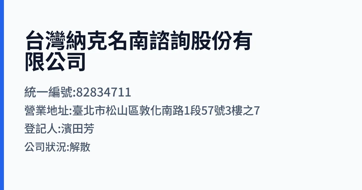 台灣納克名南諮詢股份有限公司 - 統編 82834711(臺北市) 公司登記資料與營業項目詳細圖表