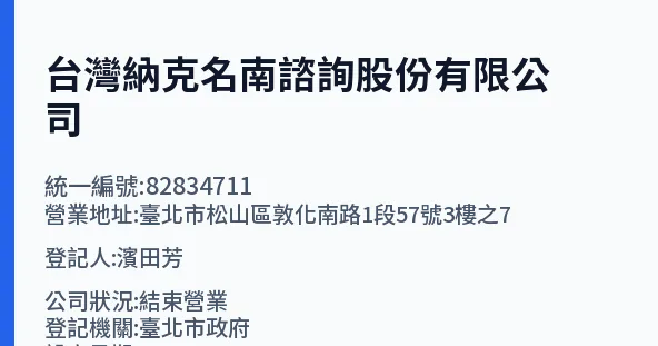 台灣納克名南諮詢股份有限公司的照片-統編 82834711(臺北市) 公司登記資料與營業項目詳細圖表