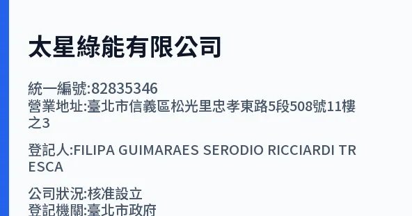 太星綠能有限公司的照片-統編 82835346(臺北市) 公司登記資料與營業項目詳細圖表