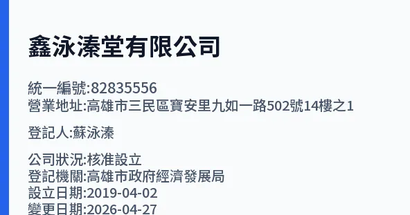 鑫泳溱堂有限公司的照片-統編 82835556(高雄市) 公司登記資料與營業項目詳細圖表