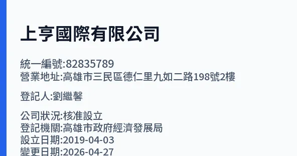 上亨國際有限公司的照片-統編 82835789(高雄市) 公司登記資料與營業項目詳細圖表