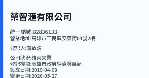 榮智滙有限公司的照片-統編 82836133(高雄市) 公司登記資料與營業項目詳細圖表