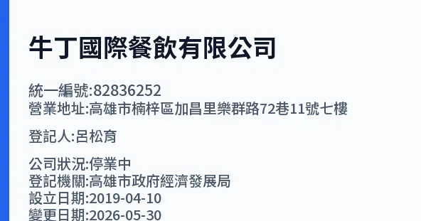 牛丁國際餐飲有限公司的照片-統編 82836252(高雄市) 公司登記資料與營業項目詳細圖表