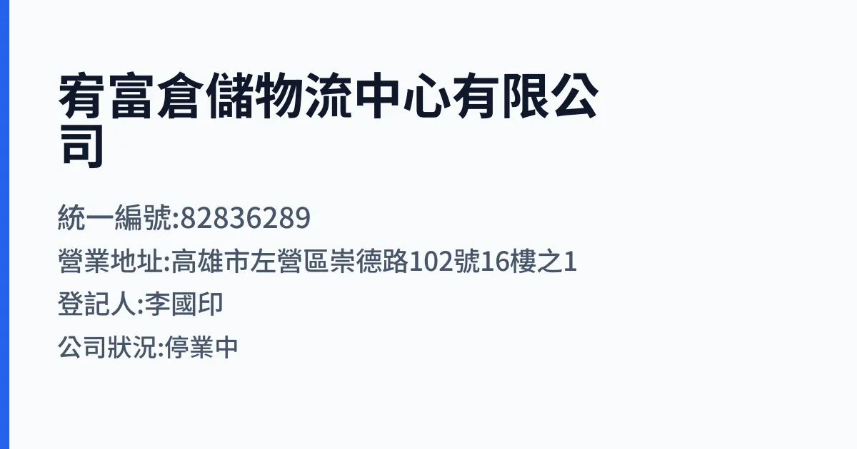 宥富倉儲物流中心有限公司 - 統編 82836289(高雄市) 公司登記資料與營業項目詳細圖表