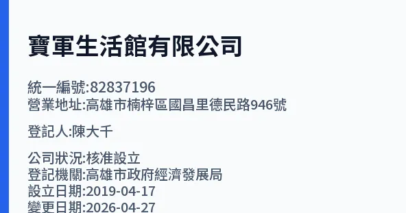 寶軍生活館有限公司的照片-統編 82837196(高雄市) 公司登記資料與營業項目詳細圖表