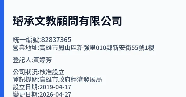 璿承文教顧問有限公司的照片-統編 82837365(高雄市) 公司登記資料與營業項目詳細圖表