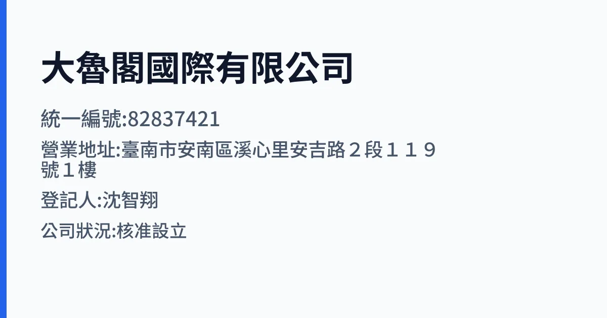 大魯閣國際有限公司 - 統編 82837421(臺南市) 公司登記資料與營業項目詳細圖表