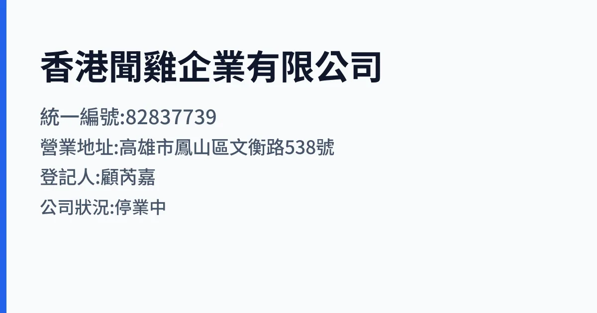 香港聞雞企業有限公司 - 統編 82837739(高雄市) 公司登記資料與營業項目詳細圖表