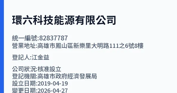 環六科技能源有限公司的照片-統編 82837787(高雄市) 公司登記資料與營業項目詳細圖表