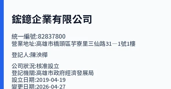 鋐鐿企業有限公司的照片-統編 82837800(高雄市) 公司登記資料與營業項目詳細圖表