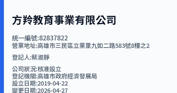 方羚教育事業有限公司的照片-統編 82837822(高雄市) 公司登記資料與營業項目詳細圖表