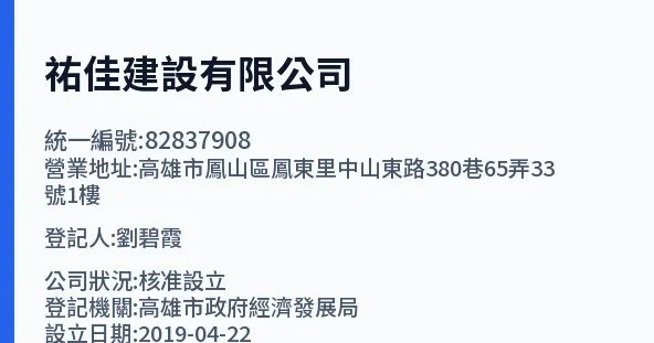 祐佳建設有限公司的照片-統編 82837908(高雄市) 公司登記資料與營業項目詳細圖表