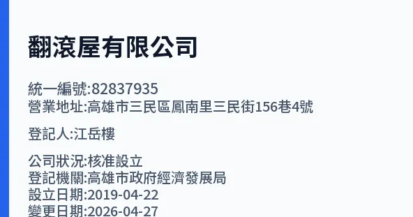 翻滾屋有限公司的照片-統編 82837935(高雄市) 公司登記資料與營業項目詳細圖表