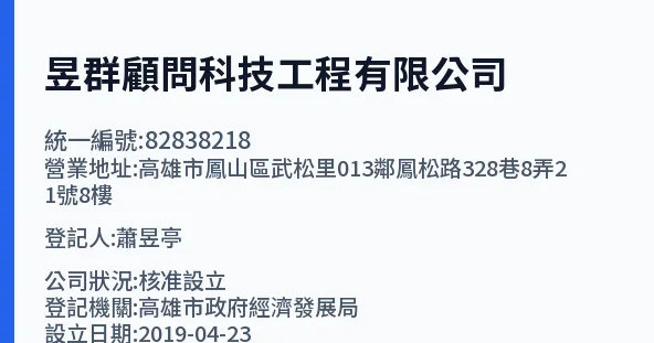 昱群顧問科技工程有限公司的照片-統編 82838218(高雄市) 公司登記資料與營業項目詳細圖表