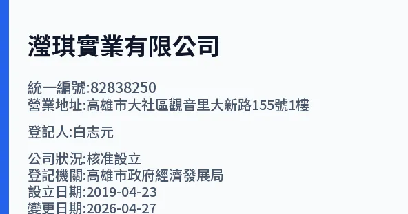 瀅琪實業有限公司的照片-統編 82838250(高雄市) 公司登記資料與營業項目詳細圖表