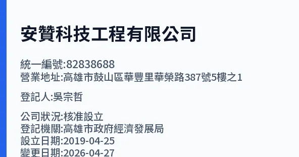 安贊科技工程有限公司的照片-統編 82838688(高雄市) 公司登記資料與營業項目詳細圖表