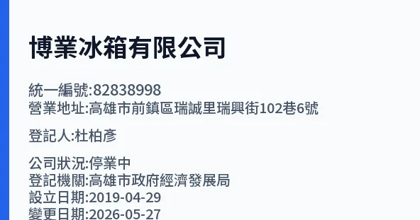 博業冰箱有限公司的照片-統編 82838998(高雄市) 公司登記資料與營業項目詳細圖表