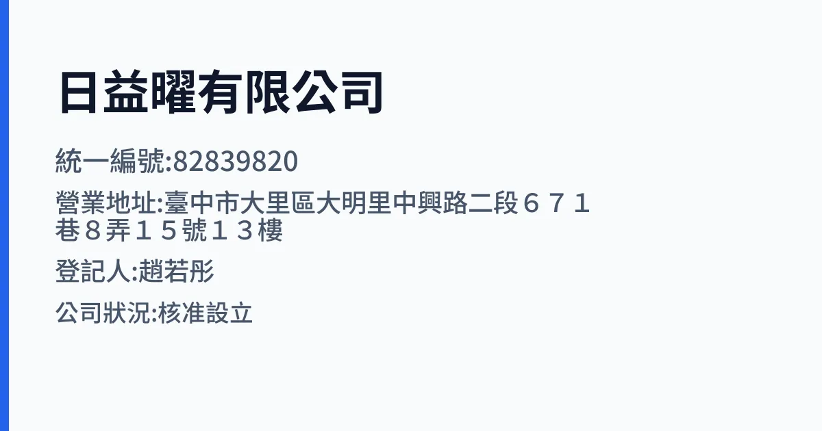 日益曜有限公司 - 統編 82839820（臺中市） 公司登記資料與營業項目詳細圖表