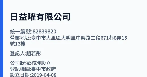 日益曜有限公司的照片-統編 82839820(臺中市) 公司登記資料與營業項目詳細圖表