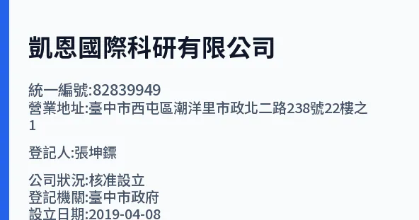凱恩國際科研有限公司的照片-統編 82839949(臺中市) 公司登記資料與營業項目詳細圖表