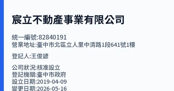 宸立不動產事業有限公司的照片-統編 82840191(臺中市) 公司登記資料與營業項目詳細圖表