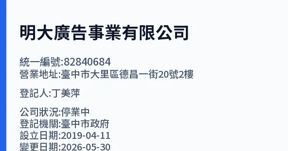 明大廣告事業有限公司的照片-統編 82840684(臺中市) 公司登記資料與營業項目詳細圖表