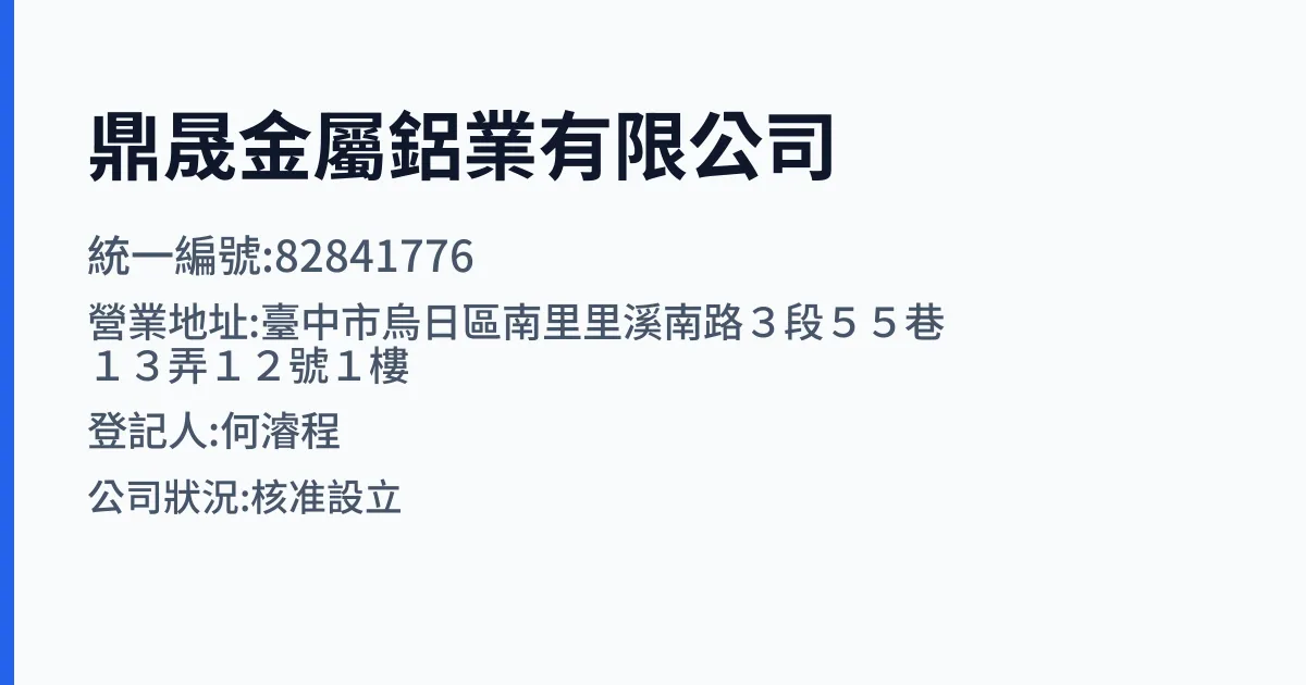 鼎晟金屬鋁業有限公司 - 統編 82841776(臺中市) 公司登記資料與營業項目詳細圖表