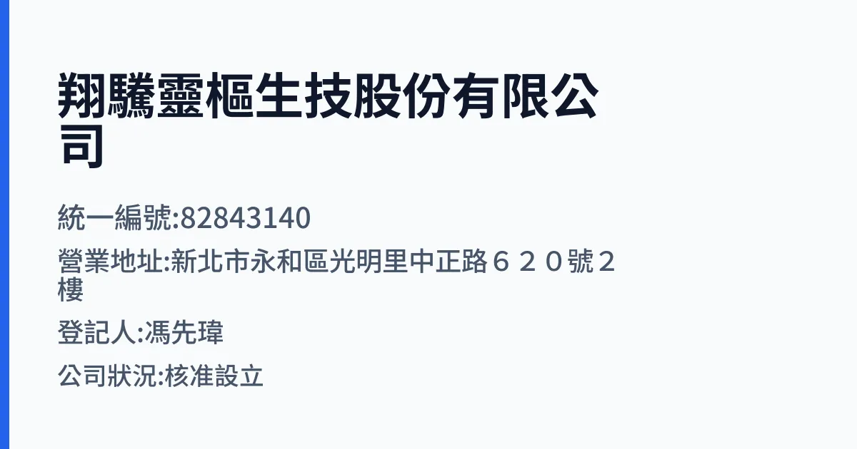 翔驣靈樞生技股份有限公司 - 統編 82843140(新北市) 公司登記資料與營業項目詳細圖表