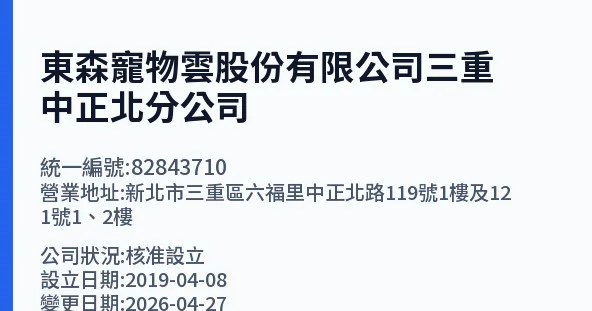 東森寵物雲股份有限公司三重中正北分公司的照片-統編 82843710(新北市) 公司登記資料與營業項目詳細圖表