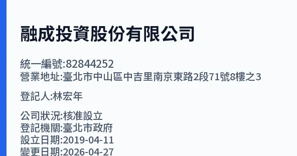 融成投資股份有限公司的照片-統編 82844252(臺北市) 公司登記資料與營業項目詳細圖表