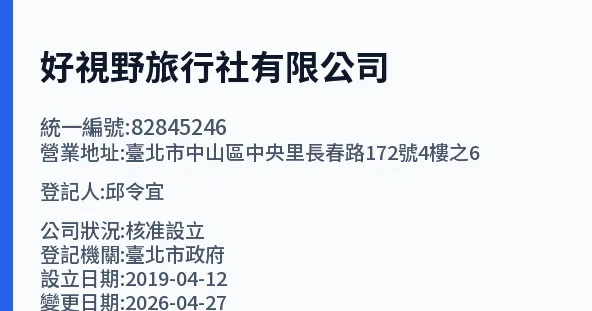 好視野旅行社有限公司的照片-統編 82845246(臺北市) 公司登記資料與營業項目詳細圖表