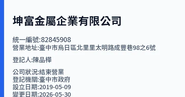 坤富金屬企業有限公司的照片-統編 82845908(臺中市) 公司登記資料與營業項目詳細圖表