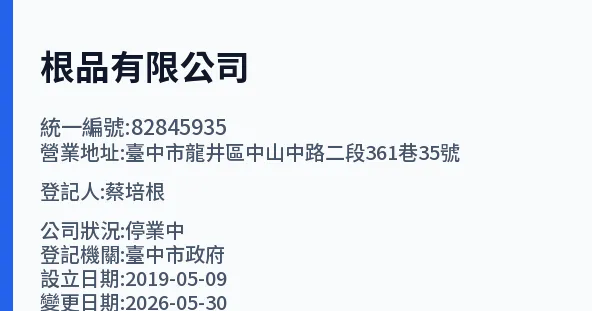 根品有限公司的照片-統編 82845935(臺中市) 公司登記資料與營業項目詳細圖表