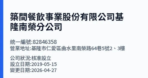 築間餐飲事業股份有限公司基隆南榮分公司的照片-統編 82846358(基隆市) 公司登記資料與營業項目詳細圖表