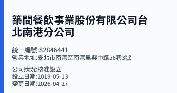 築間餐飲事業股份有限公司台北南港分公司的照片-統編 82846441(臺北市) 公司登記資料與營業項目詳細圖表