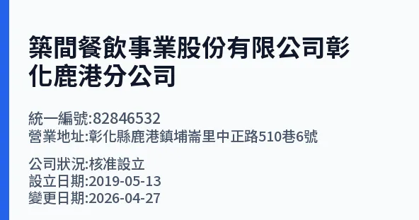 築間餐飲事業股份有限公司彰化鹿港分公司的照片-統編 82846532(彰化縣) 公司登記資料與營業項目詳細圖表