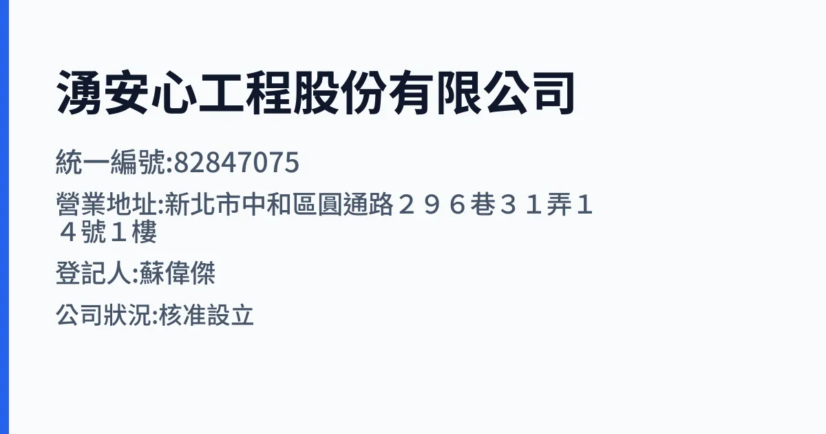 湧安心工程股份有限公司 - 統編 82847075（新北市） 公司登記資料與營業項目詳細圖表