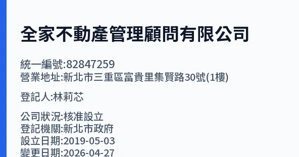 全家不動產管理顧問有限公司的照片-統編 82847259(新北市) 公司登記資料與營業項目詳細圖表