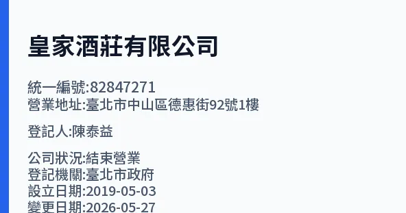 皇家酒莊有限公司的照片-統編 82847271(臺北市) 公司登記資料與營業項目詳細圖表