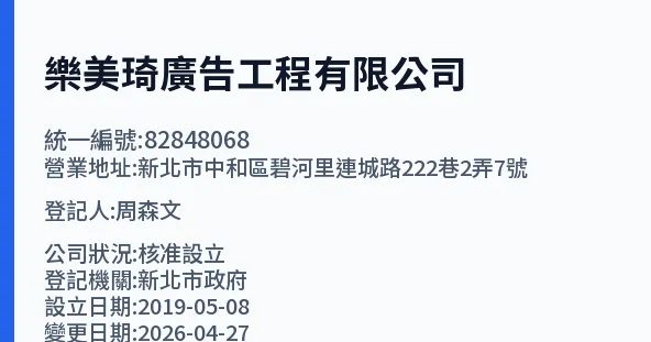 樂美琦廣告工程有限公司的照片-統編 82848068(新北市) 公司登記資料與營業項目詳細圖表