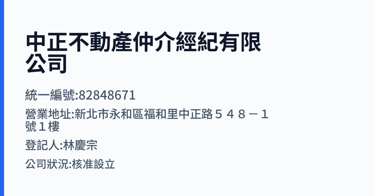 中正不動產仲介經紀有限公司 - 統編 82848671(新北市) 公司登記資料與營業項目詳細圖表