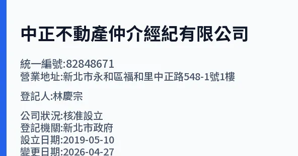 中正不動產仲介經紀有限公司的照片-統編 82848671(新北市) 公司登記資料與營業項目詳細圖表