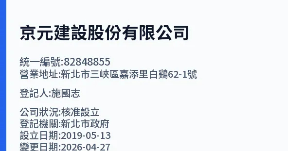 京元建設股份有限公司的照片-統編 82848855(新北市) 公司登記資料與營業項目詳細圖表
