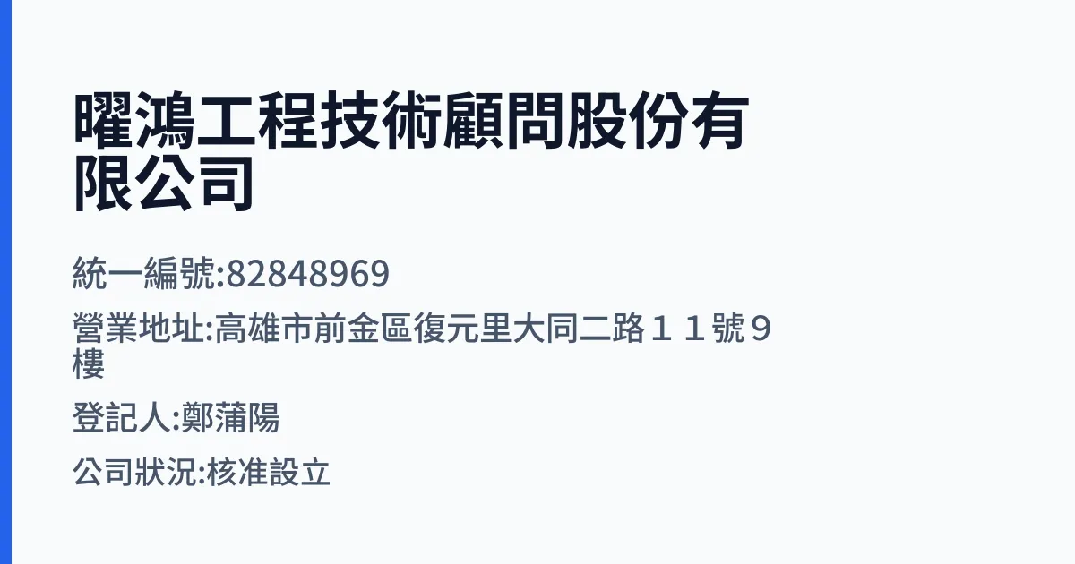 曜鴻工程技術顧問股份有限公司 - 統編 82848969(高雄市) 公司登記資料與營業項目詳細圖表