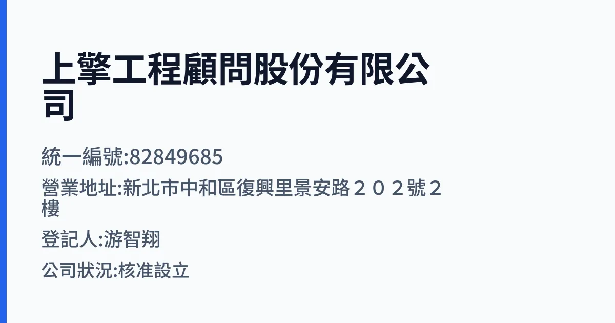 上擎工程顧問股份有限公司 - 統編 82849685(新北市) 公司登記資料與營業項目詳細圖表