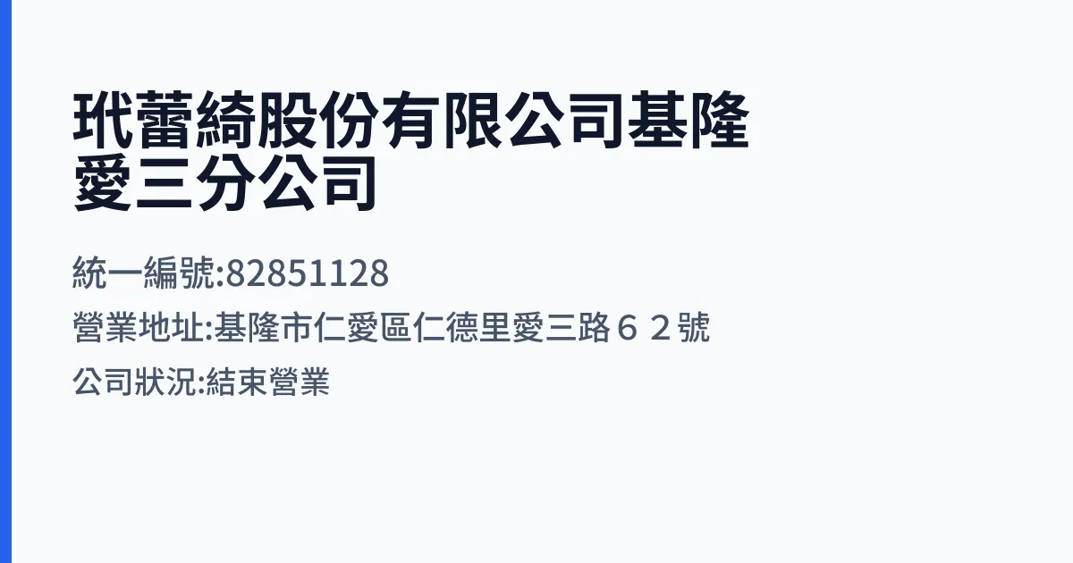 玳蕾綺股份有限公司基隆愛三分公司 - 統編 82851128(基隆市) 公司登記資料與營業項目詳細圖表