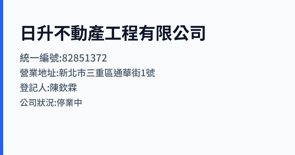 日升不動產工程有限公司 - 統編 82851372(新北市) 公司登記資料與營業項目詳細圖表