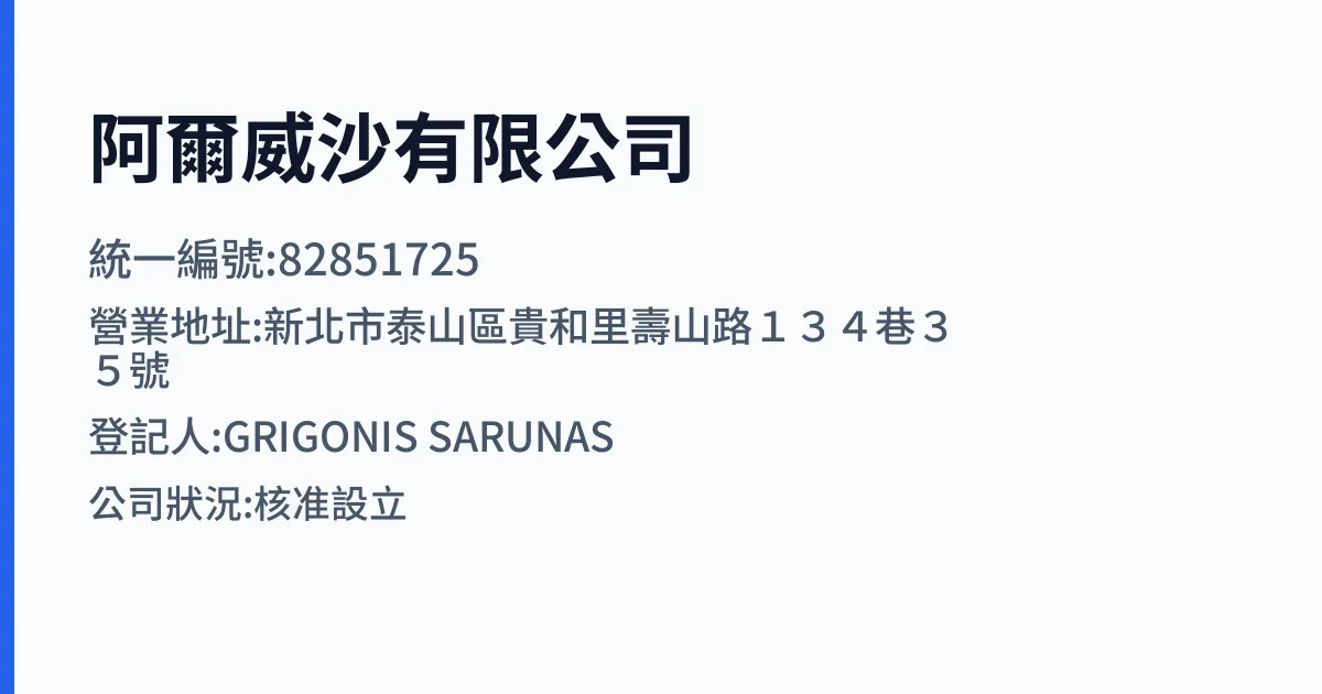 阿爾威沙有限公司 - 統編 82851725(新北市) 公司登記資料與營業項目詳細圖表