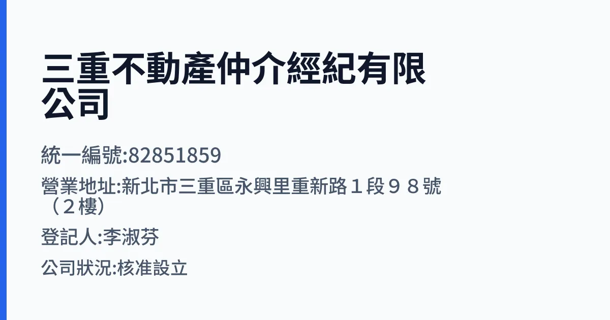 三重不動產仲介經紀有限公司 - 統編 82851859(新北市) 公司登記資料與營業項目詳細圖表